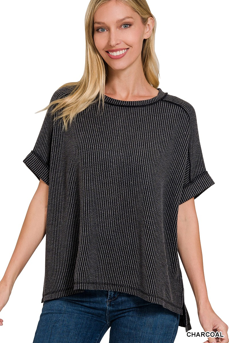 Corded rib cuff sleeve raw edge top – Mainstream Boutique The Woodlands