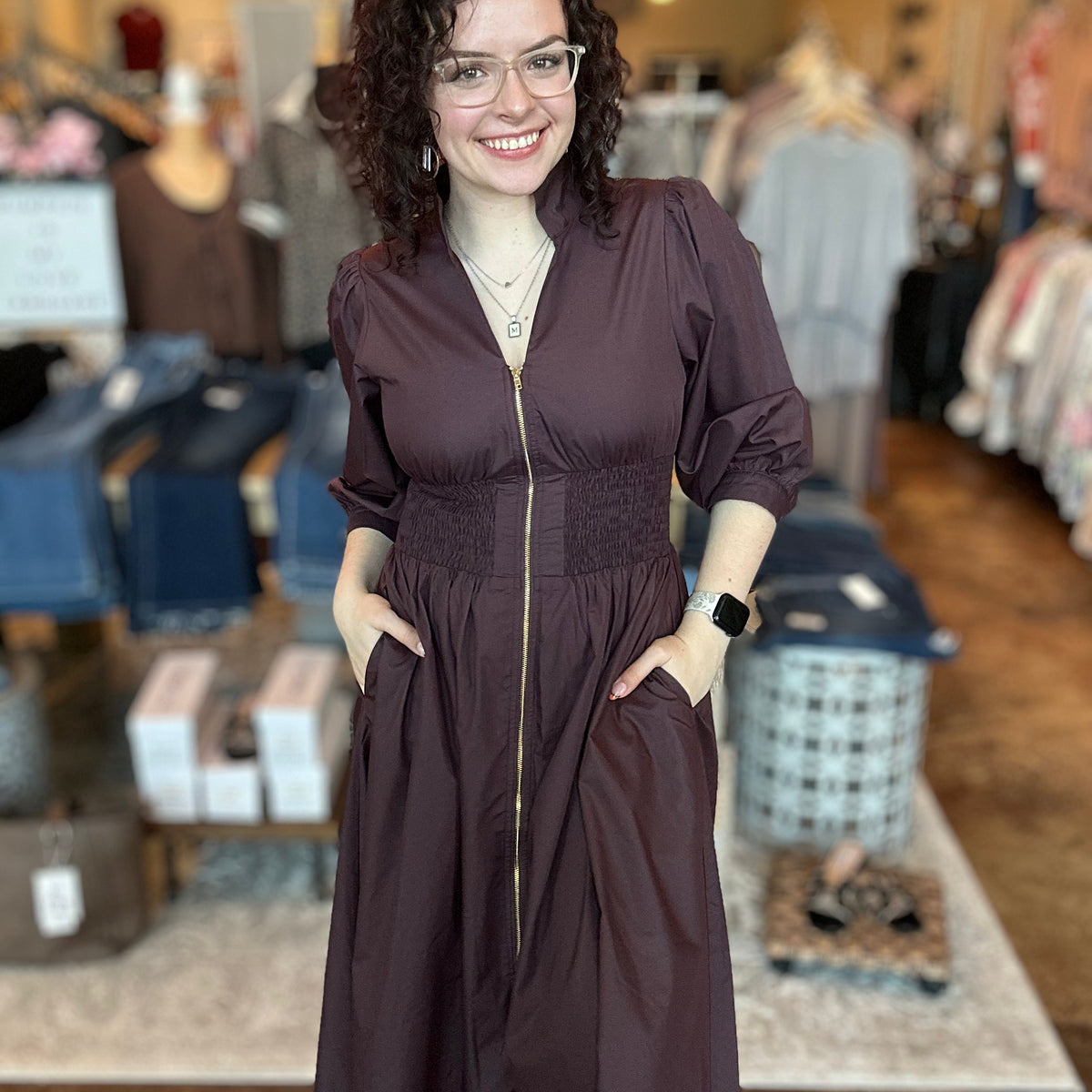 3/4 Sleeve Front Zip Midi Dress – Mainstream Boutique The Woodlands